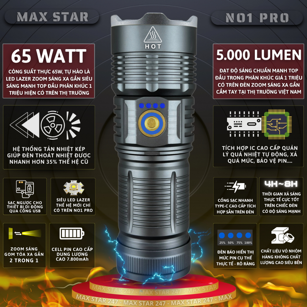 Đèn pin MAX STAR NO1 PRO cầm tay siêu sáng chiếu xa 750 mét ZOOM sáng xa gần chống nước sạc ...