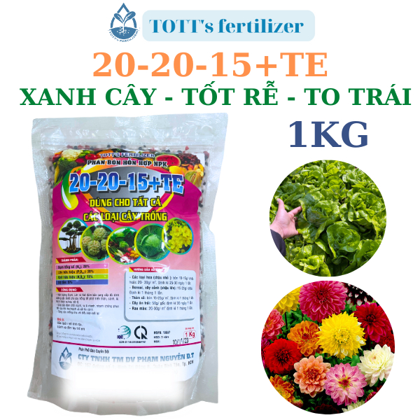 Phân NPK 20-20-15 - Gói 1kg TOTT's fertilizer, xanh cây kích hoa nở rộ ...