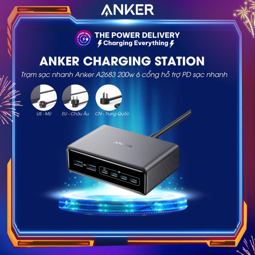 Trạm sạc nhanh Anker Prime 200w GaN 6 cổng mã A2683 hỗ trợ PD sạc nhanh ...