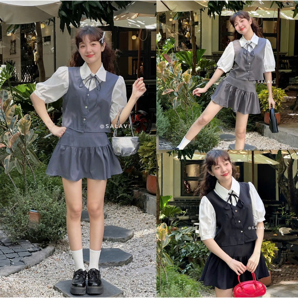 (HỎA TỐC - ĐÀ NẴNG) Set áo sơ mi tay bồng phối ghile kèm dây cột nơ, set 3 món phong cách Hàn ...