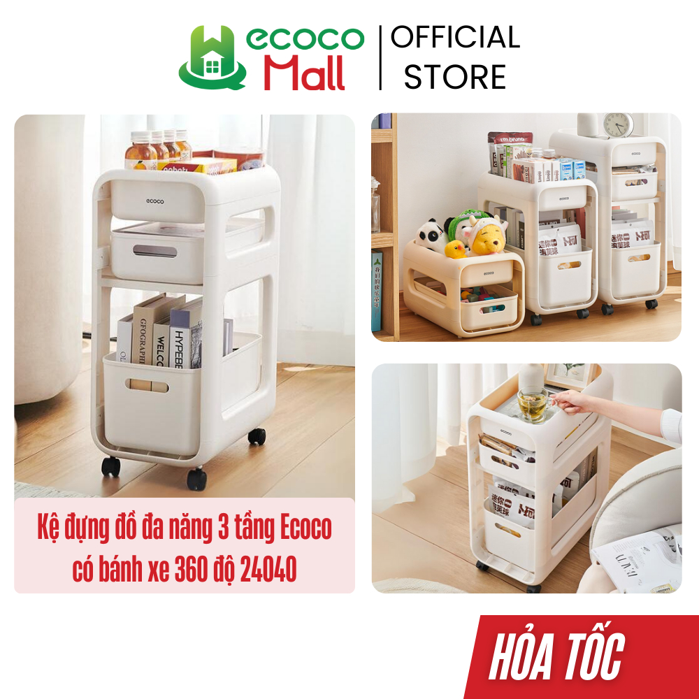 Kệ đựng đồ đa năng ECOCO 3 tầng có bánh xe thế hệ mới, Xe đẩy bỉm sữa, cặp xách, đồ dùng học tập ...