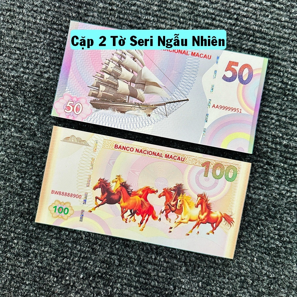 Cặp 2 Tờ Tiền Mã Đáo Thành Công + Thuận Buồm Xuôi Gió Macao lưu niệm Lì ...