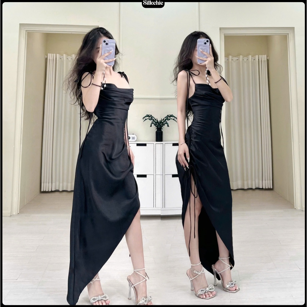 Đầm Lụa Dự Tiệc Hai Dây Chéo Tà SC460 Xếp Ly Phối Dây Tăng Giảm Độ Cao Xẻ Tà | Shopee Việt Nam