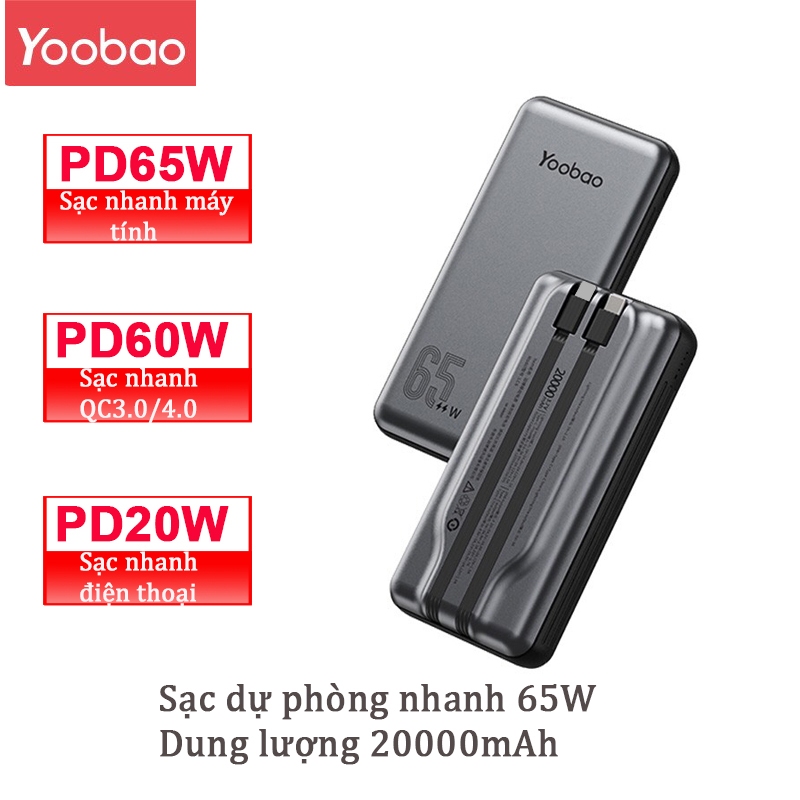 Sạc dự phòng nhanh 65w Yoobao LC6 dung lượng 20000mAh, tích hợp 2 cáp đi kèm chân Type C và LN ...