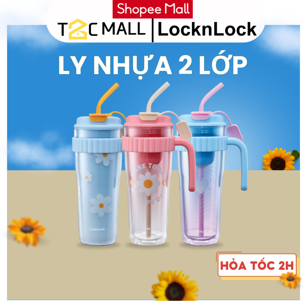 Ly Nhựa 2 Lớp LocknLock 890ML To, Cốc Nhựa Có Nắp, Ống Hút, Quai Cầm ...