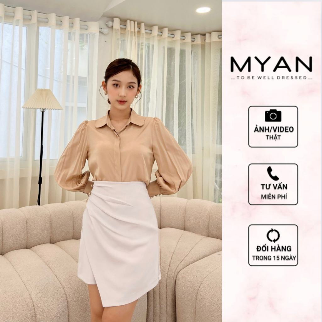 MYAN DESIGN Chân Váy Dáng Ngắn Xếp Nếp Eo Zuyp Đính 3 Khuy Trang Sức (Có Quần) Màu Trơn Kem Nâu ...