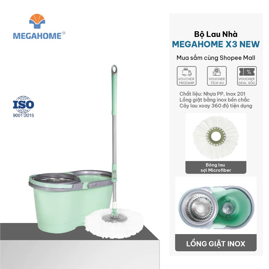 Bộ lau nhà thông minh 360 độ MEGAHOME New X3, cây lau inox, bông lau ...