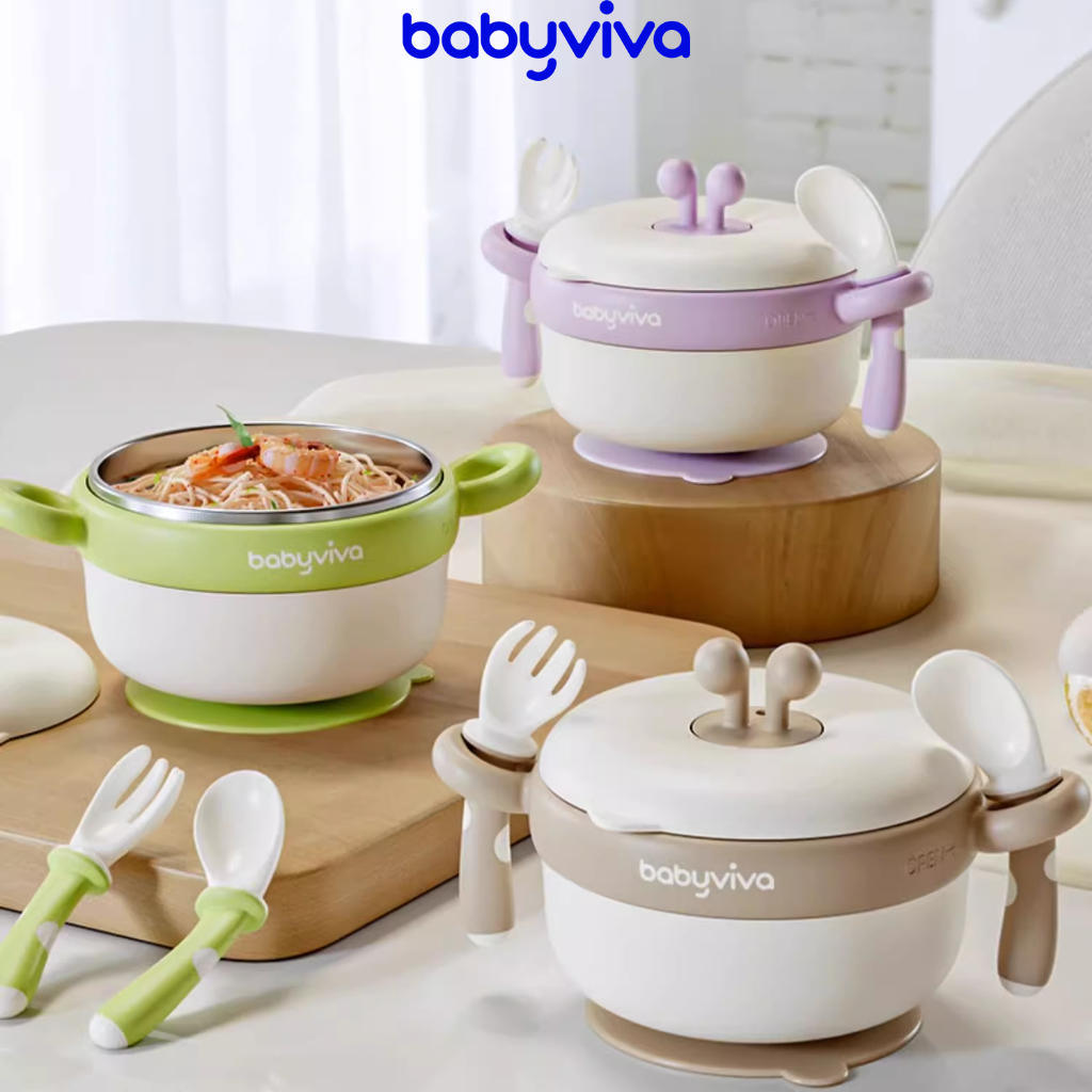 Bát ăn giữ nhiệt cao cấp cho bé BABYVIVA (tặng kèm nĩa và thìa ăn) | Shopee Việt Nam