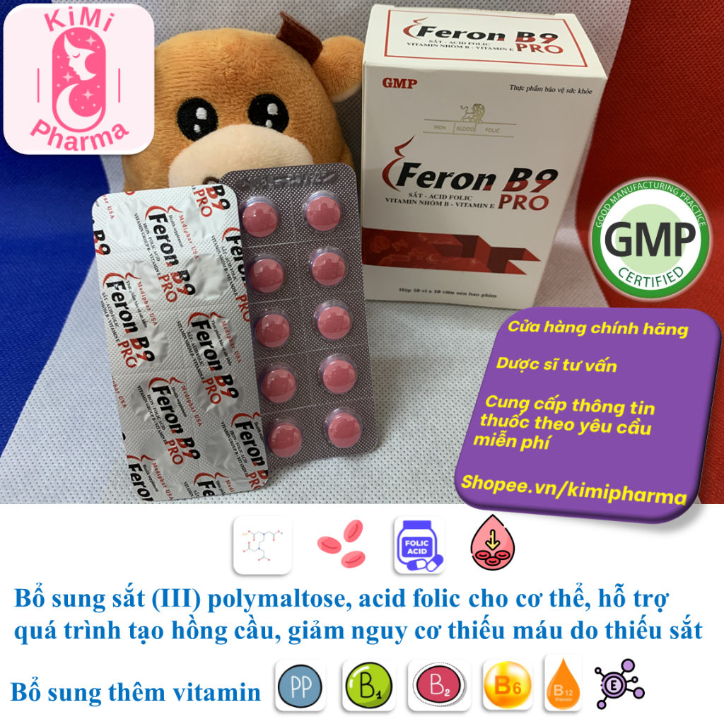 Sắt polymaltose Feron B9 Pro thêm axít folic,vitamin B1,B2,PP,B6,B12,E - Hộp 100 viên nén bao ...