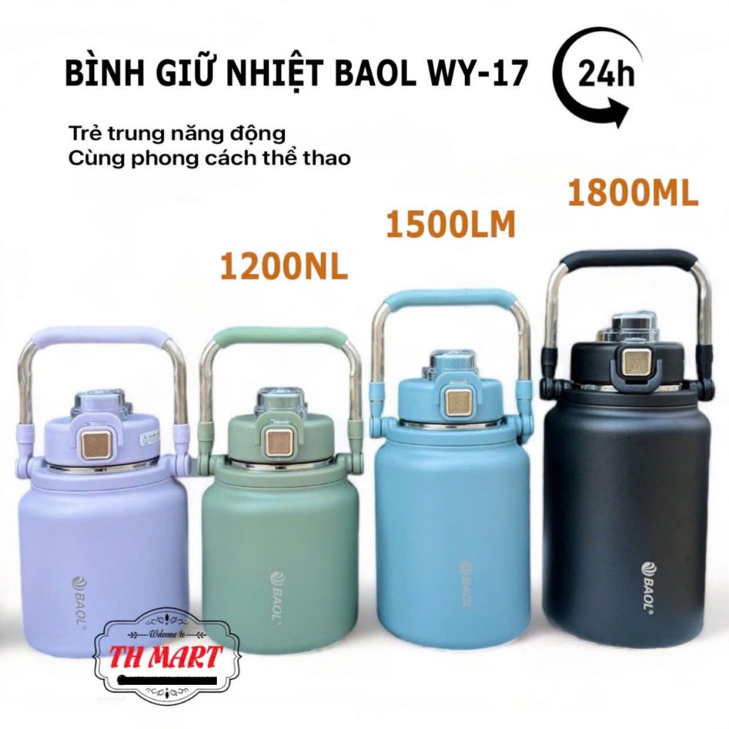 Bình giữ nhiệt 24h Baol WY17 inox 304 tiện lợi có ống hút miệng rộng dung tích 1200ml,1500m ...
