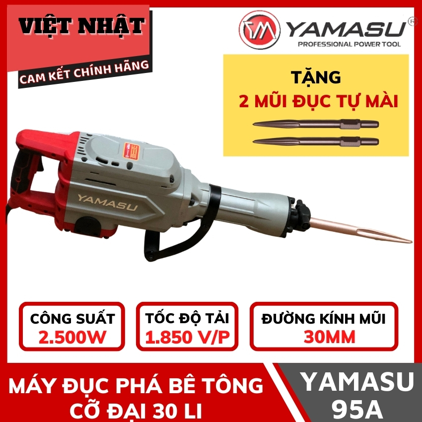 Máy đục phá bê tông 30 ly Yamasu 95A công suất lớn 2500W, tặng 2 mũi đục nhọn 30mm loại tự mài ...