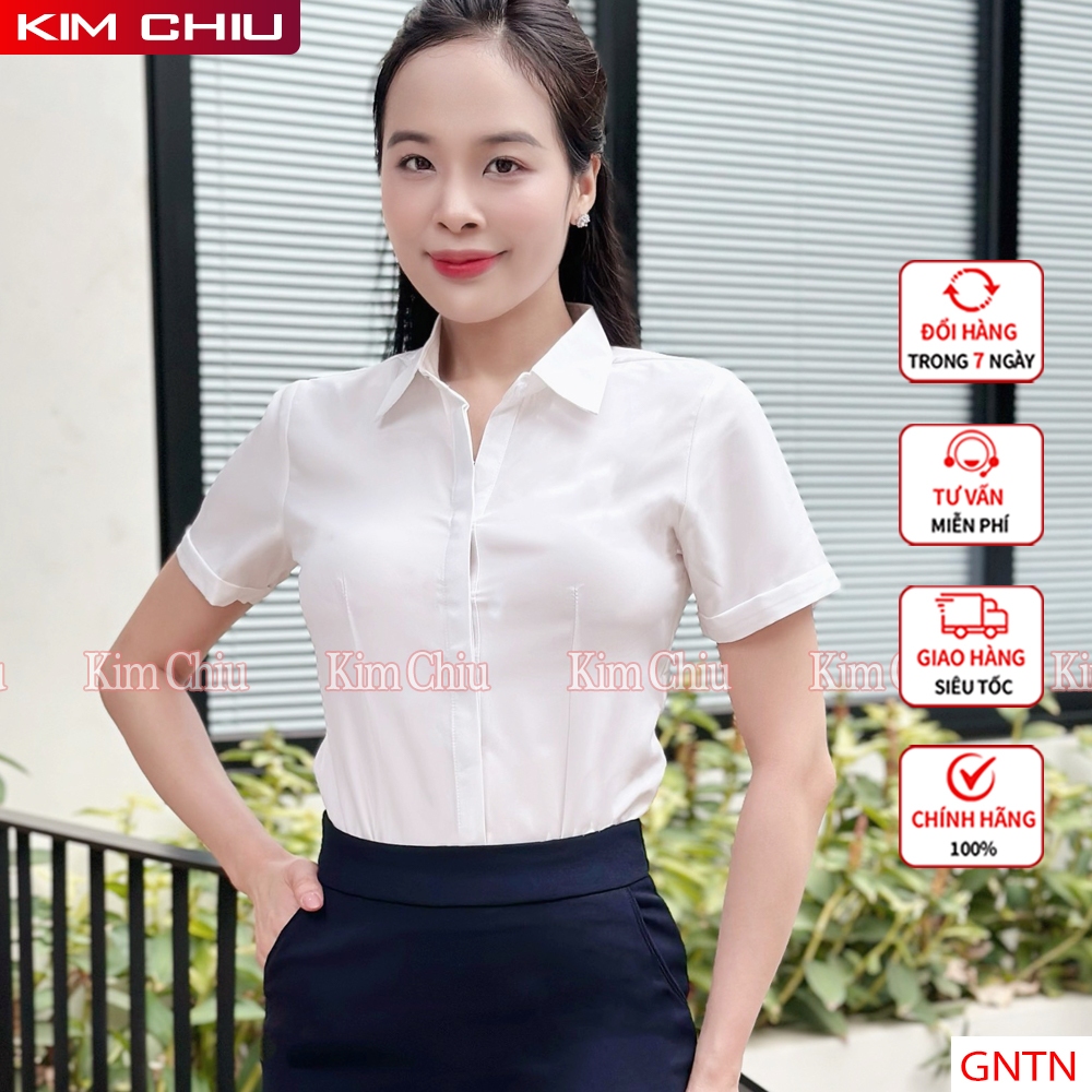 Áo Sơ Mi Nữ Giấu Nút Công Sở Cao Cấp Kim Chiu, Màu Trắng Tay Ngắn Vải Kate Mỹ Đẹp Ít Nhăn Giãn ...