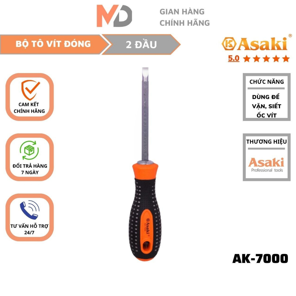 Tô vít 2 đầu cán cao su chống trượt 6x100m ASAKI AK-7000 thép hợp kim ...