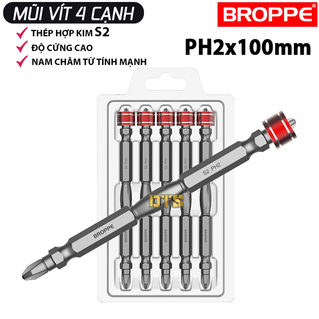 Mũi vít 4 cạnh có nam châm trợ lực PH2 dài 100mm hãng BROPPE | Đầu mũi bắn vít Bake có vòng giới ...