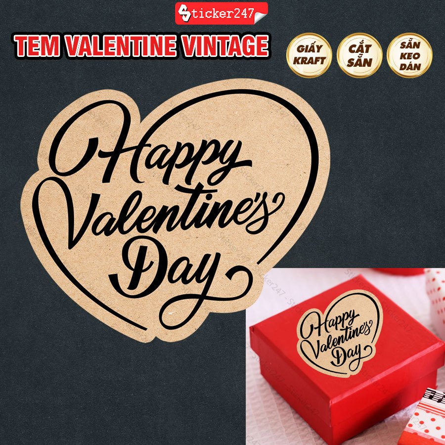 Tem nhãn decal giấy Kraft chữ Happy Valentine Day hình trái tim ...