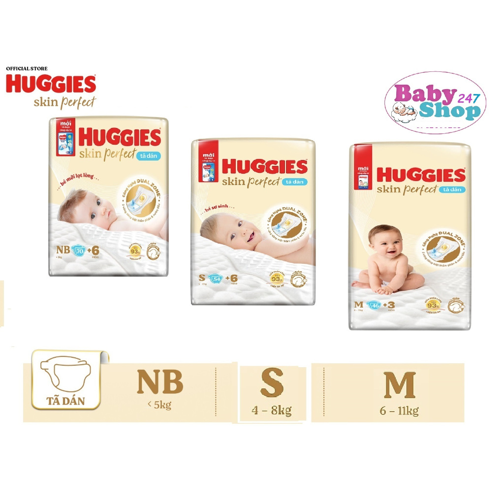 Tã dán sơ sinh Huggies Skin Perfect NB70+6/S54+6/M46+3 miếng | Shopee Việt Nam