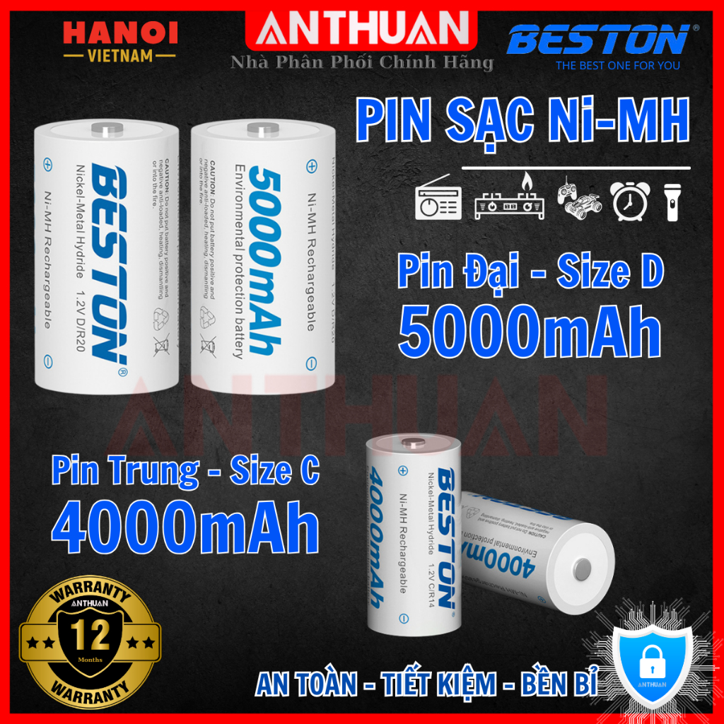 Pin Đại sạc cỡ D BESTON 5000mAh Pin Trung Cỡ C 4000mAh vỉ 2 viên dùng ...