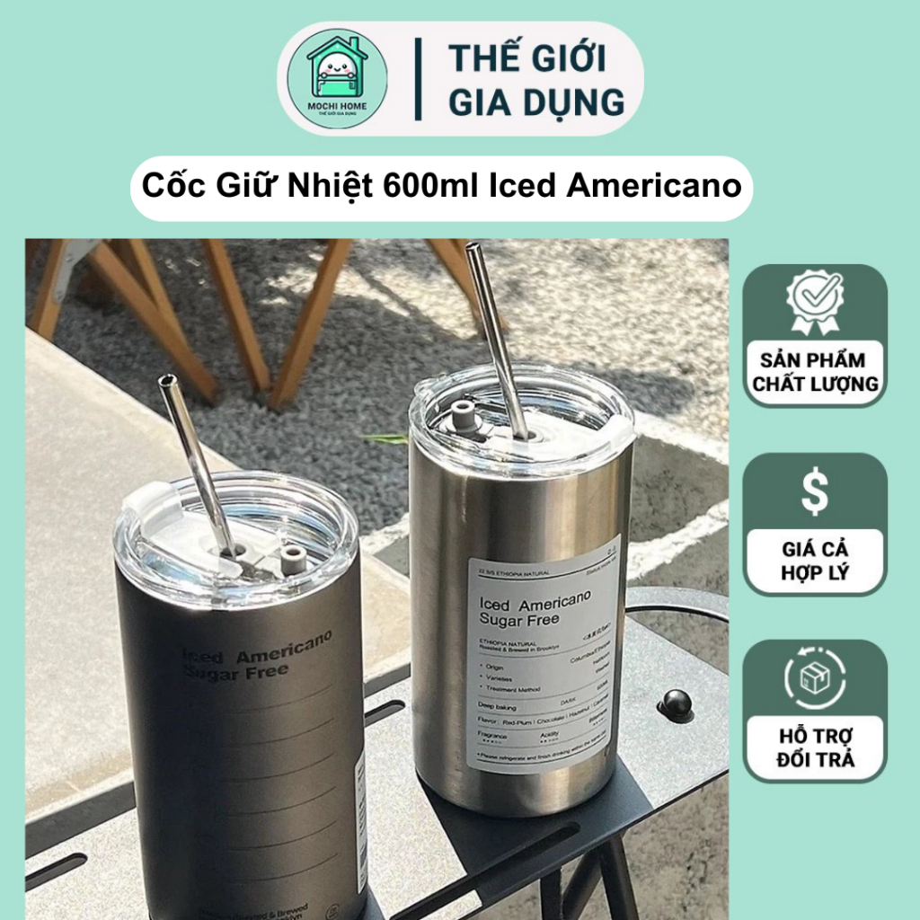 Cốc Giữ Nhiệt 600ml Iced Americano Inox 304 Đúc Liền Khối Cao Cấp Có Nắp Đậy Và Ống Hút Inox ...