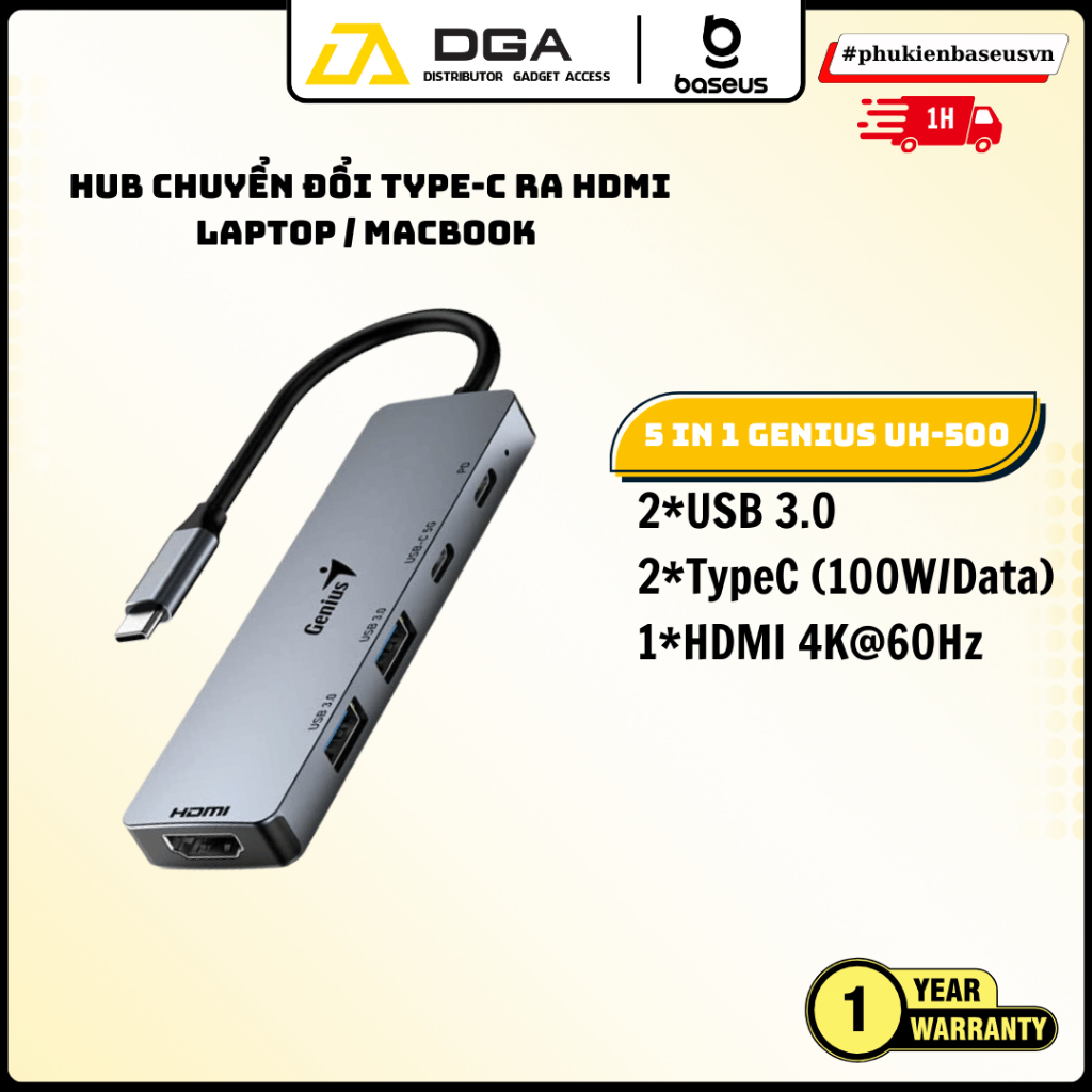 Hub USB chuyển đổi Genius UH-500 5 in 1 (1*HDMI4K@60Hz 2*USB 3.0 2*TypeC) | Shopee Việt Nam