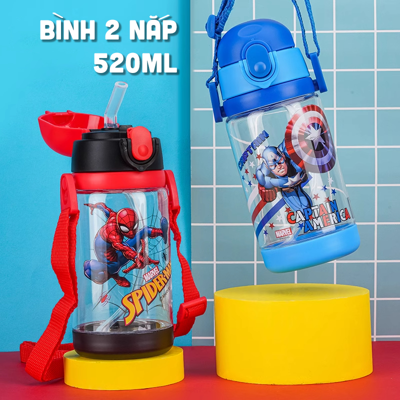 Bình nước cho bé 2 nắp 520ml, Binh uống nước cho bé đi học đủ các nhân vật hoạt hình, chất liệu ...