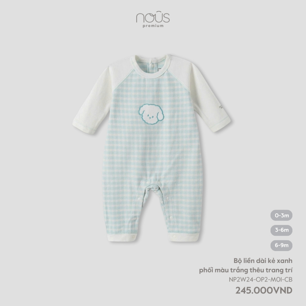 Nous Baby Bộ liền thân dài tay kẻ caro xanh, hồng thêu trang trí họa ...