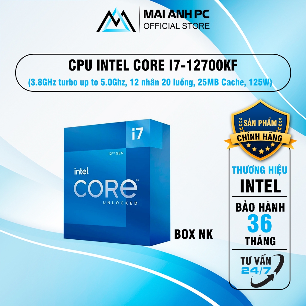 CPU Intel Core i7-12700KF (3.8GHz turbo up to 5.0Ghz, 12 nhân 20 luồng, 25MB Cache, 125W) BOX NK ...