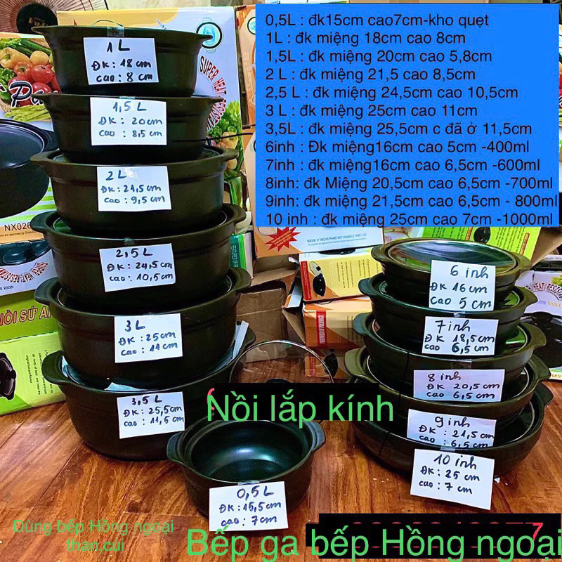 Nồi đất nắp kính dùng kho cá, thịt, nấu mì cay (Có 11 size: 0.5L, 1L, 1.5L, 2L, 2.5L, 3L,3,5L ...