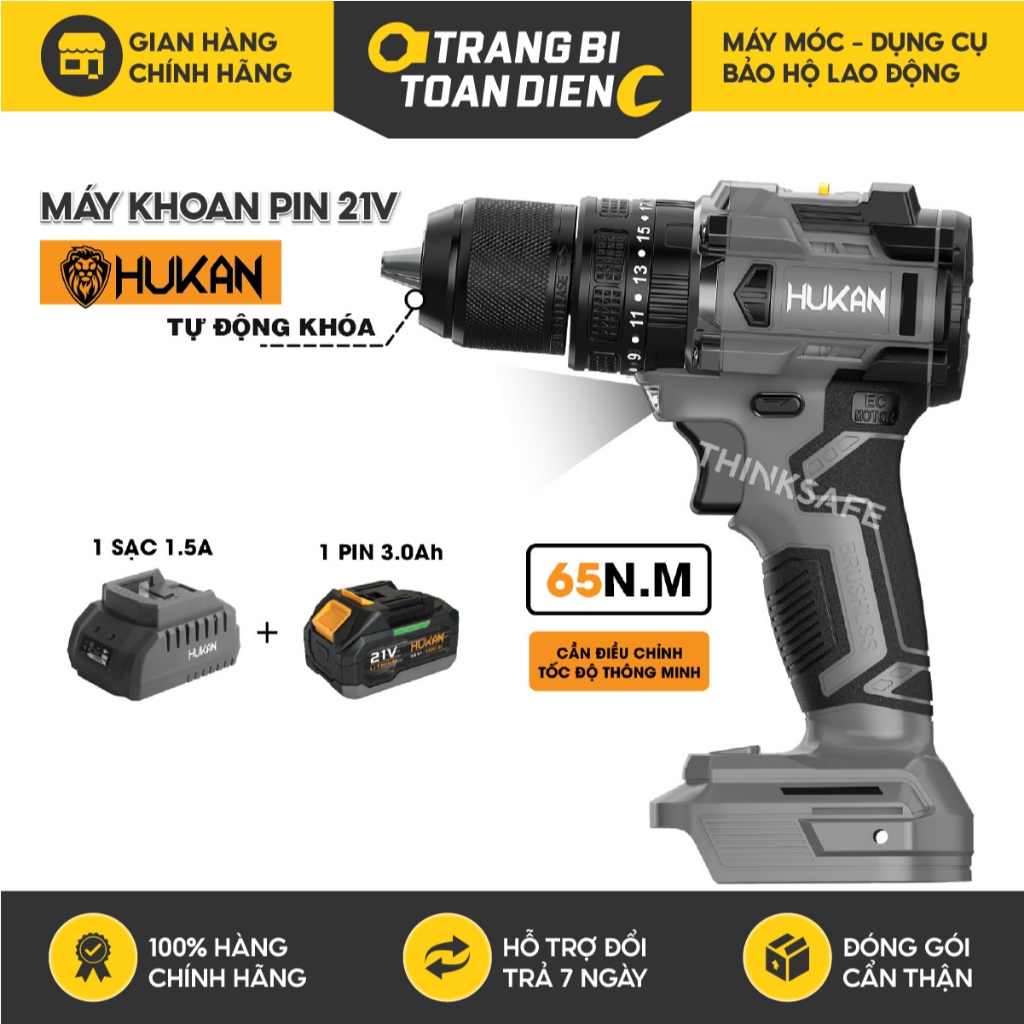 Máy khoan pin HUKAN HM21-G2MK1065P (Gen 2), lực siết 65N.m, đường kính khoan 10mm, khoan 3 chức ...