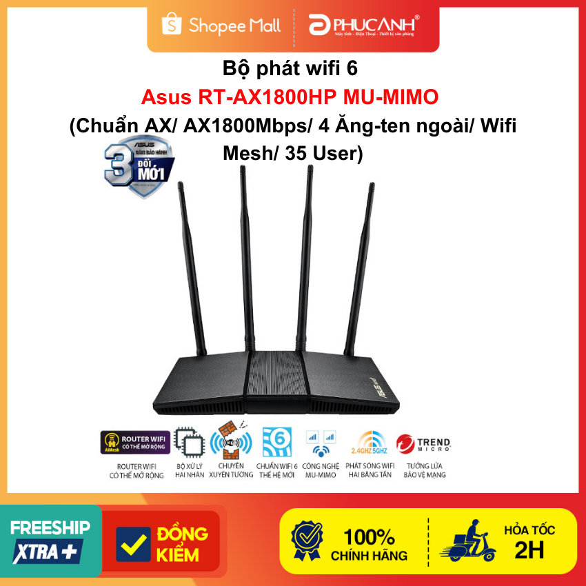 Bộ phát wifi 6 Asus RT-AX1800HP MU-MIMO (Chuẩn AX/ AX1800Mbps/ 4 Ăng ...