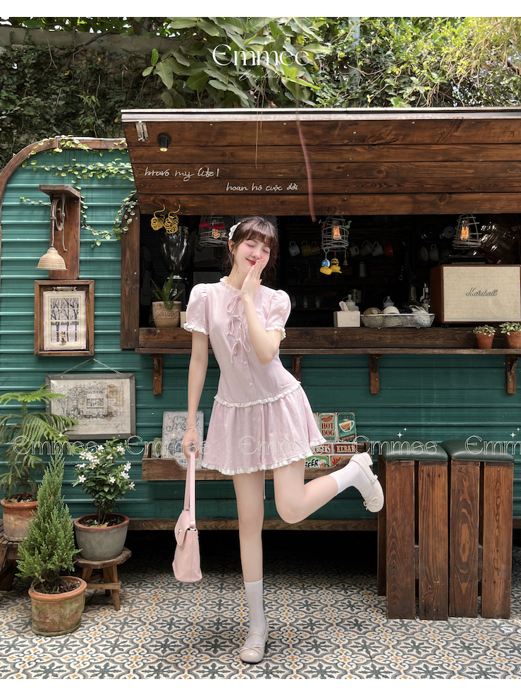 Emmee - Rosie dress - Váy babydoll kẻ hồng thiết kế, đính nơ cổ bèo ...