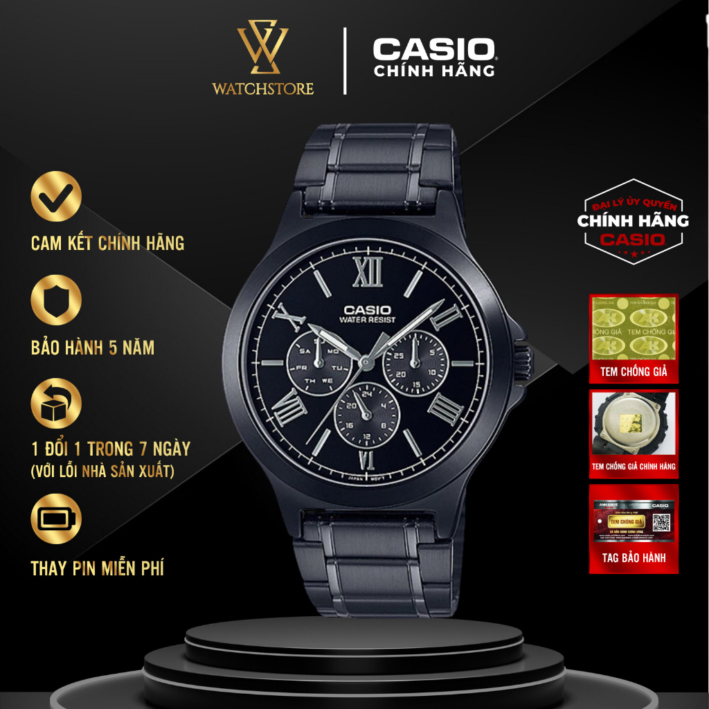 Đồng Hồ Nam MTP-V300B-1AUDF Dạ Quang 6 Kim Màu Đen Mặt Kính Khoáng 41.5mm Chống Nước Dây Kim ...