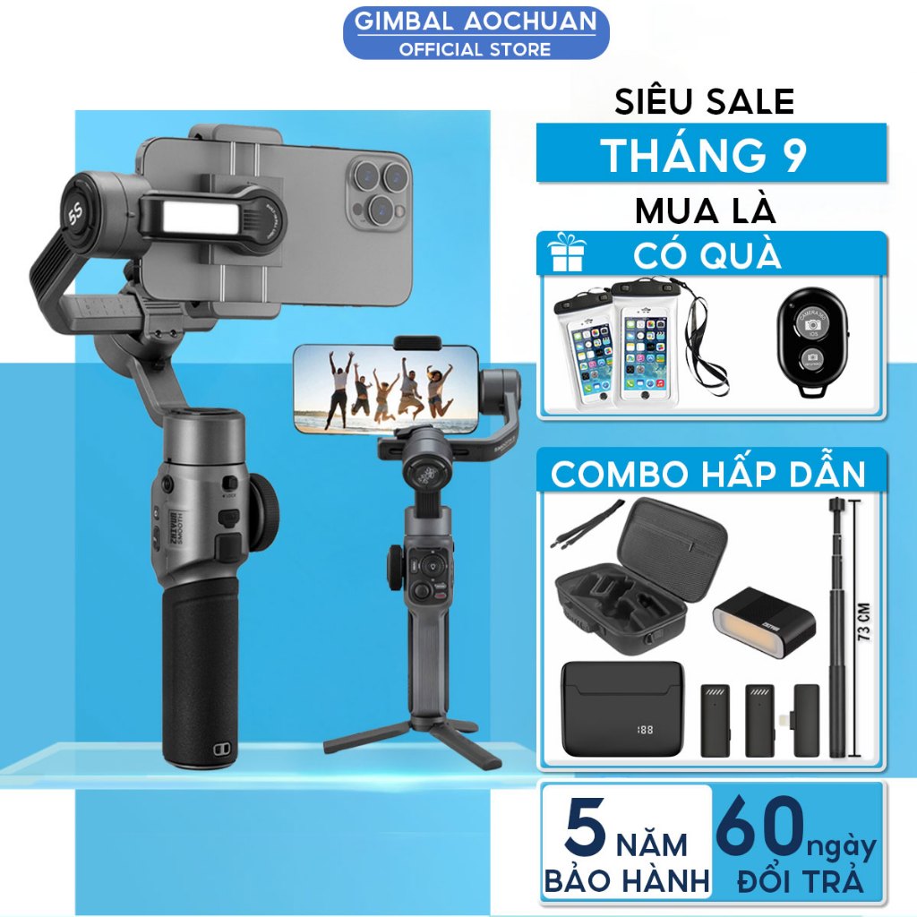 Gimbal chống rung điện thoại Zhiyun Smooth 5S, gymbal gậy chụp ảnh chống rung 3 trục xoay 360 độ ...