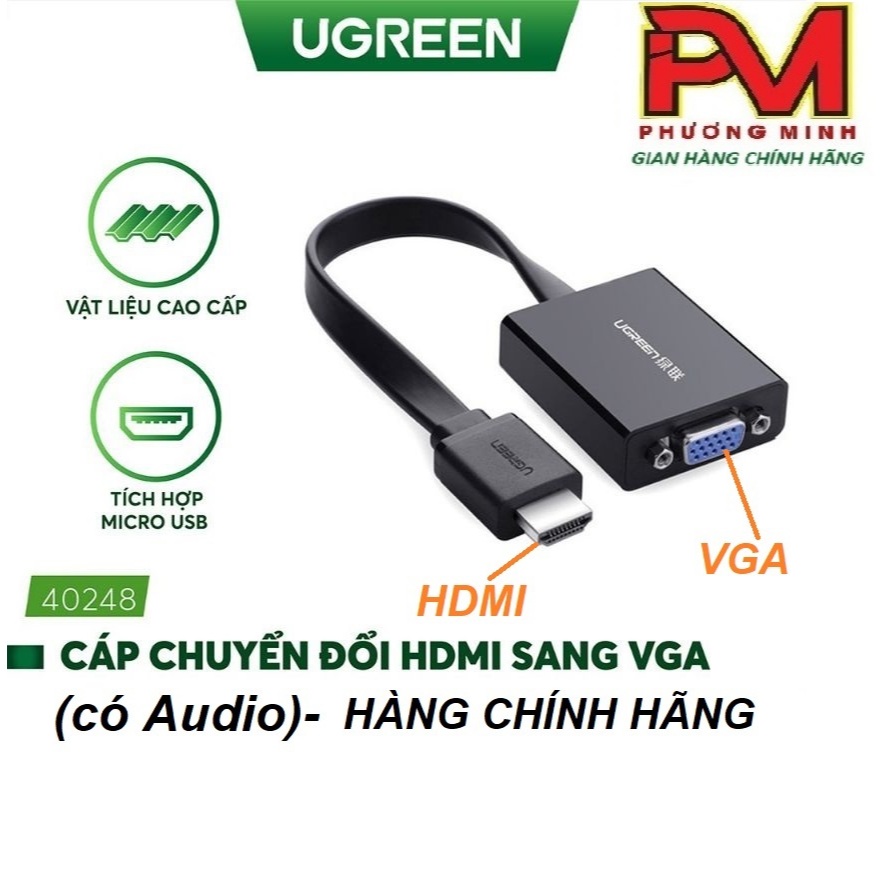 Cáp chuyển đổi HDMI to VGA dẹt có Audio Ugreen 40248 cao cấp - Hàng Chính hãng bảo hành 18 tháng ...
