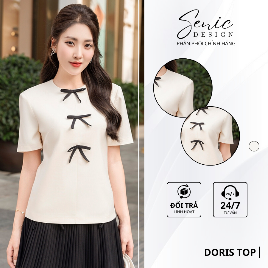 Áo tay lỡ kiểu nữ Doris Top Misoo phối 3 nơ tiểu thư chiết eo đệm vai ...