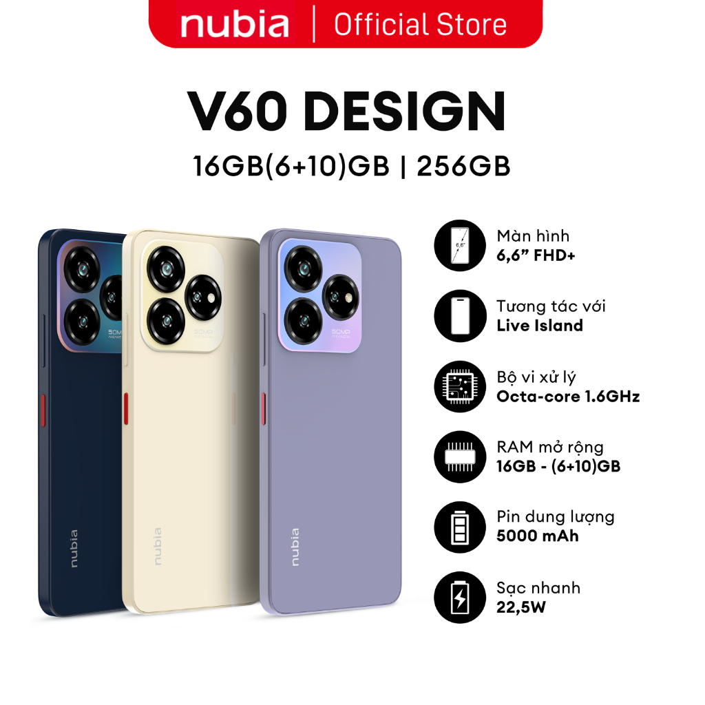 Điện Thoại Nubia V60 Design | 16(6+10)GB/256GB | 6.6'' HD+ | Octa Core 1.6GHZ | 5000mAh 22.5W ...