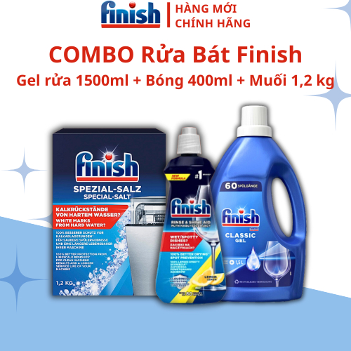 Combo gel rửa bát Finish Classic 1,5 lít + Bóng finish 800ml + Muối ...