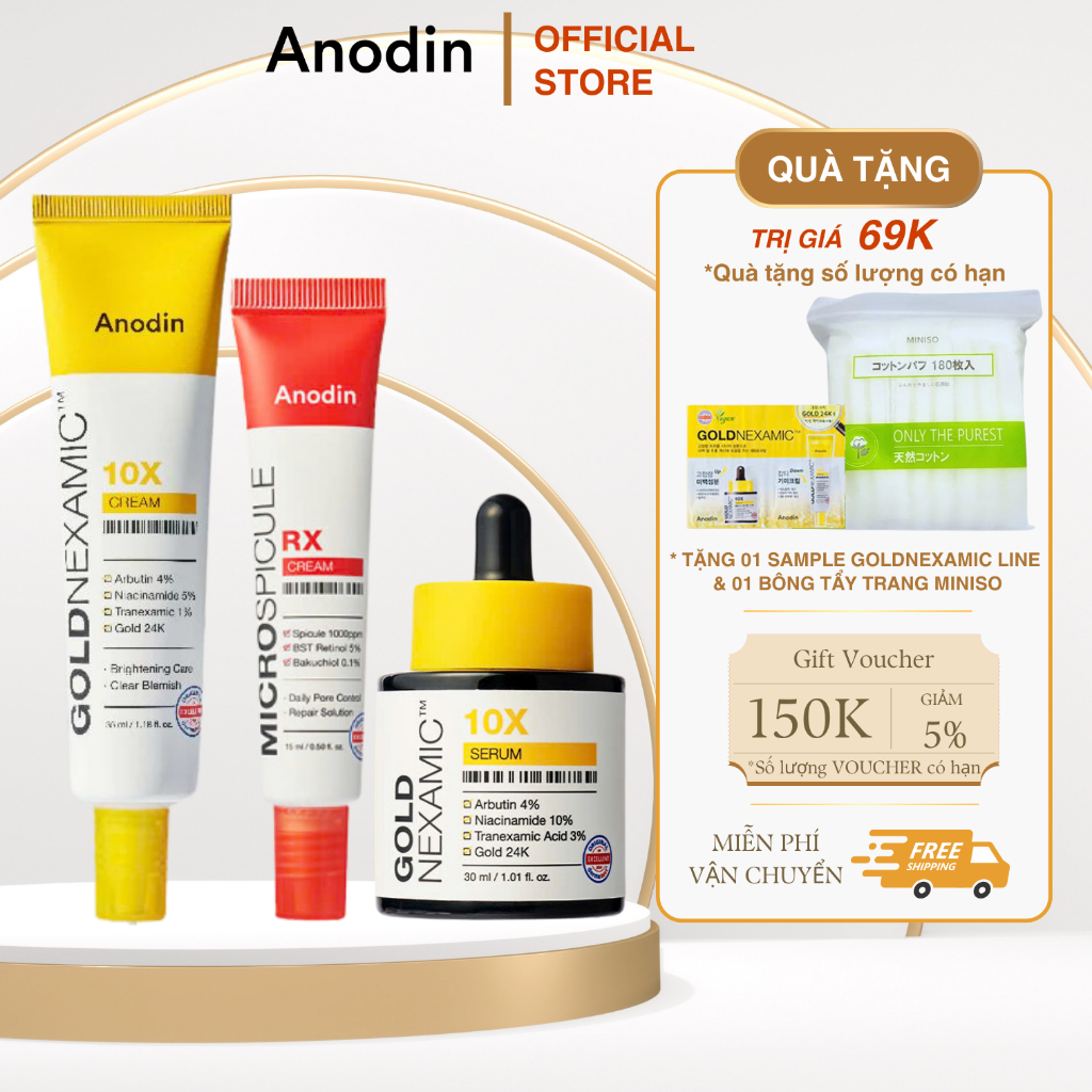 Bộ sản phẩm Anodin, kem dưỡng Gold nexamic 10X ,Serum Gold nexamic 10X ...