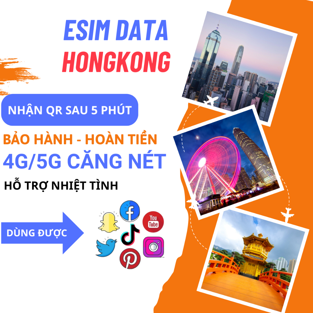 [3HK] eSIM du lịch quốc tế HONG KONG, 4G tốc độ cao, 3G không giới hạn, hỗ trợ 24/24, bảo hành 1 ...