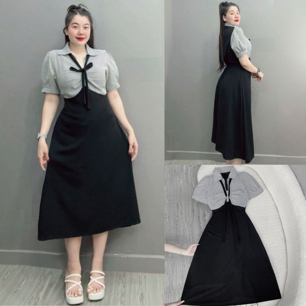 Đầm Thiết Kế Bigsize Nữ Cổ Polo Tay Ngắn Sọc Xốp Sơ Mi Dây Rút Nơ Nối Phối Thân Đen Ruby Cao Cấp ...