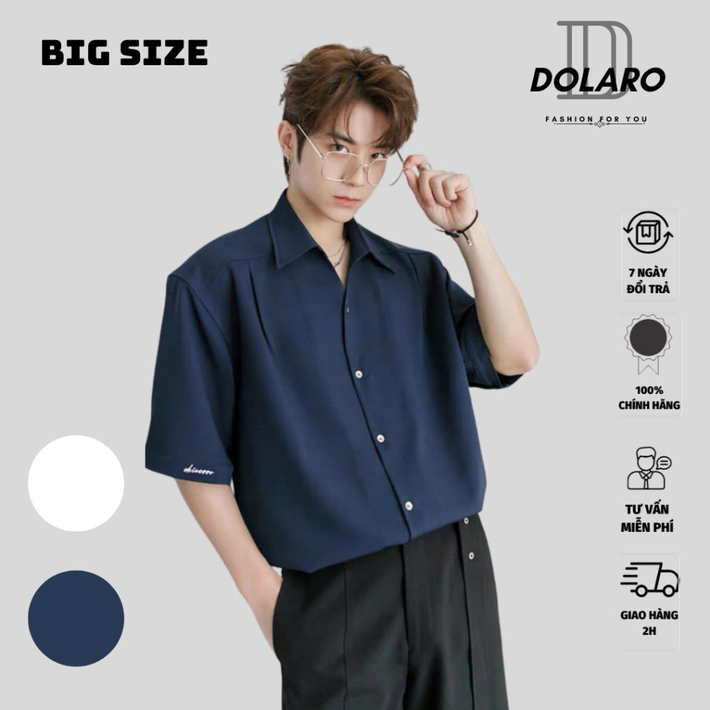 Áo sơ mi nam tay ngắn DOLARO chất lụa mango cao cấp, sơ mi thêu chữ form rộng phong cách có big ...