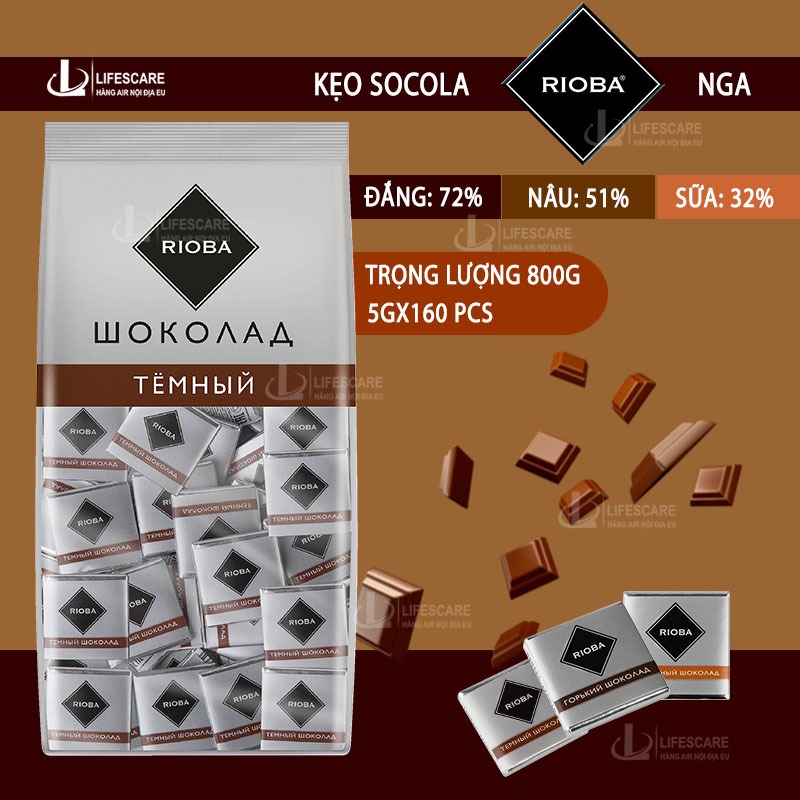 Kẹo Socola Rioba Nga nguyên chất 3 vị đắng, đắng vừa và socola sữa 800g ...