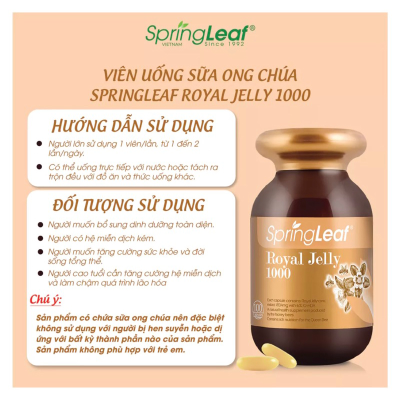 Viên uống sữa ong chúa tăng cường sức khỏe, đẹp da, hỗ trợ chống lão hóa SpringLeaf Royal Jelly ...