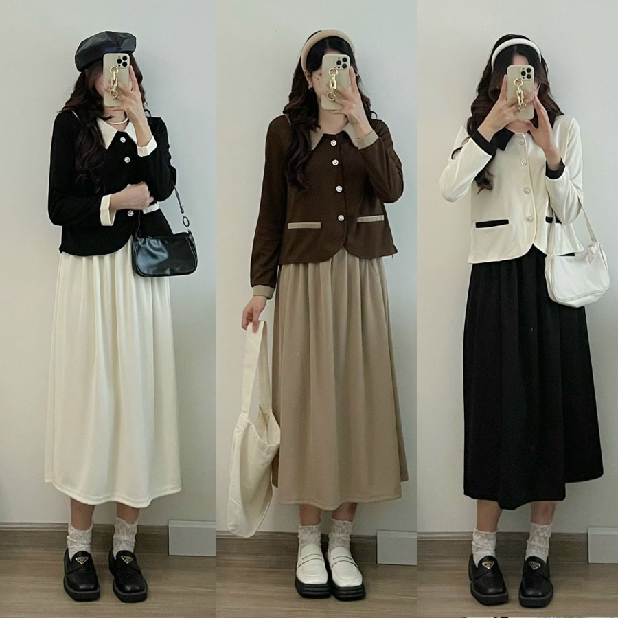 046 Set áo pha cổ khuy ngọc kèm chân váy xếp ly xòe lưng chun | Shopee Việt Nam