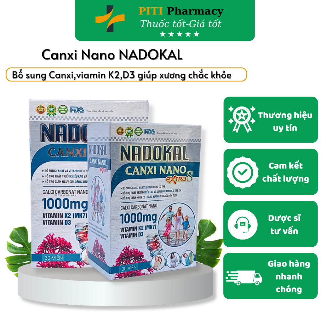 Canxi Nano NADOKAL Hộp 30 viên Bổ Sung Canxi,Vitamin K2,D3 Giúp Xương Chắc Khỏe,Cơ Thể Cao Lớn ...