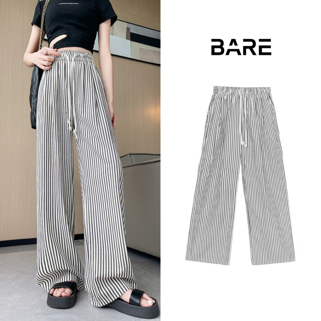 BARE_Quần Ống Rộng Nữ Kẻ Sọc Đen, Quần Suông Kẻ Nữ Lưng Cao Cạp Chun Chất Đũi Mát Mẻ_Q091 ...