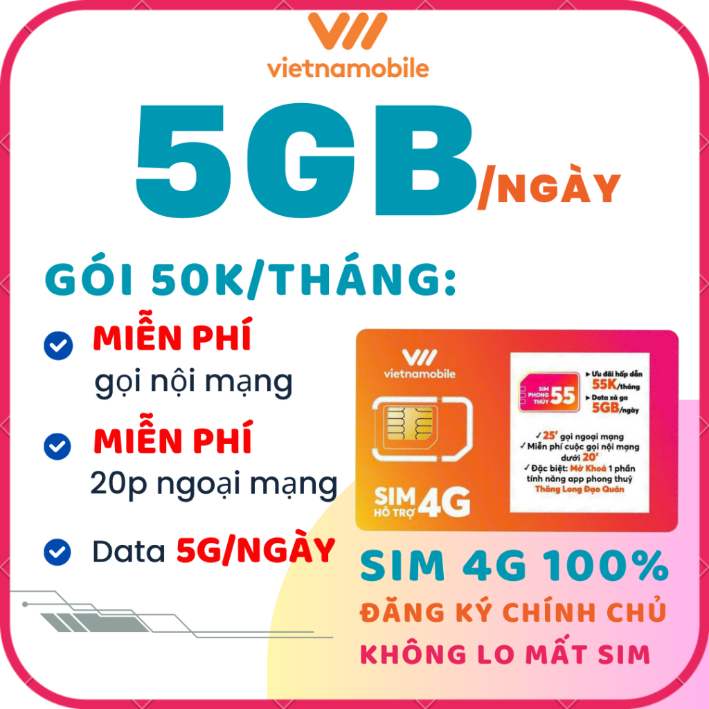 Sim 4G Vietnamobile gói data 5GB/ngày cước 50k/tháng, không free mạng tháng đầu, không tạo TK ...