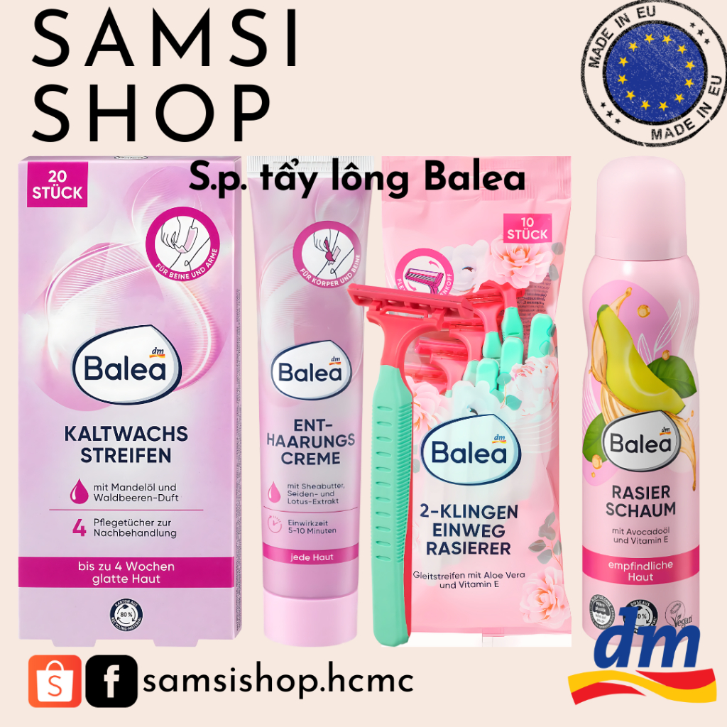 Bộ sản phẩm triệt lông Balea (miếng wax, kem tẩy lông, dao cạo ...