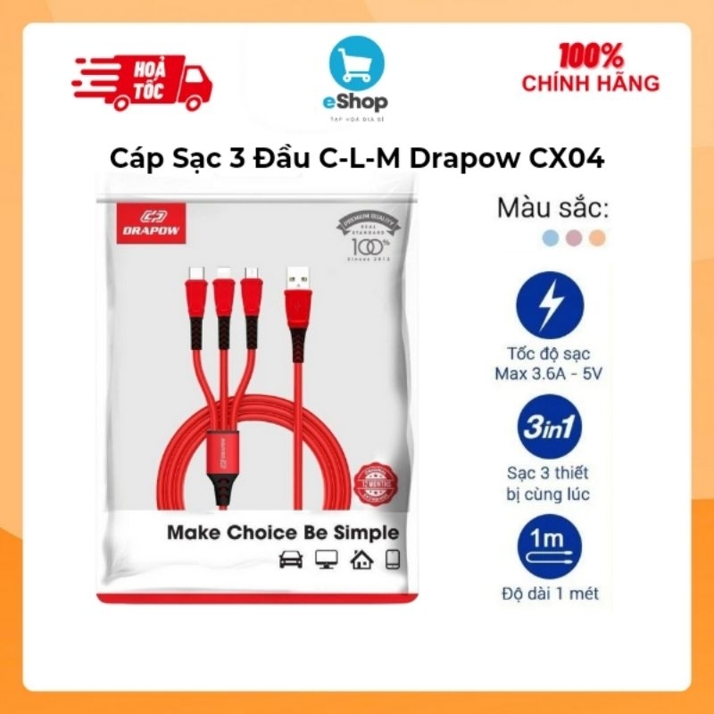 Cáp Sạc 3 Đầu Chính Hãng Drapow CX04 - Sạc Được Mọi Loại Smartphone Siêu Tiện Lợi | Shopee Việt Nam