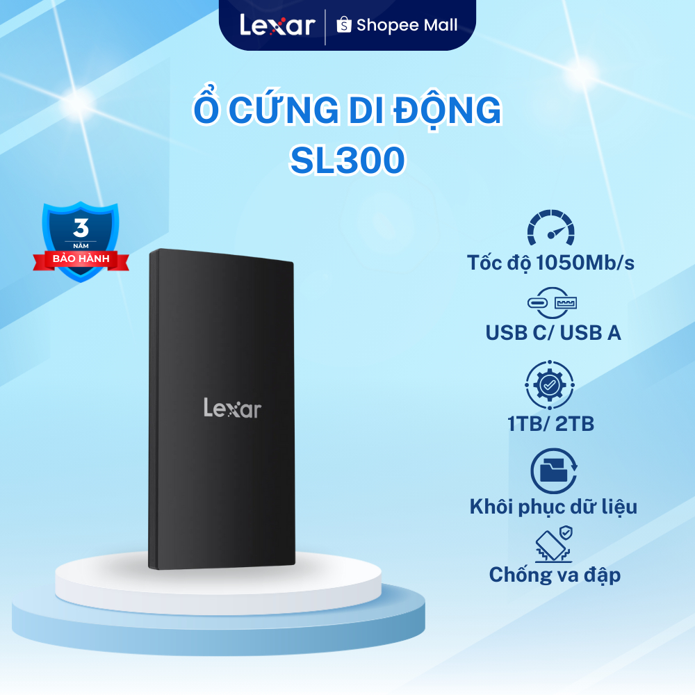 Ổ cứng di động Lexar SL300 Portable SSD 1TB/ 2TB, nhỏ gọn, tốc độ đọc 1050Mb/s, ghi 1000Mb/s, BH ...