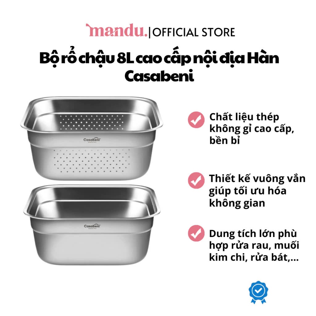 Set rổ chậu vuông 8L nội địa Hàn Casabeni, thép không gỉ cao cấp, dung ...